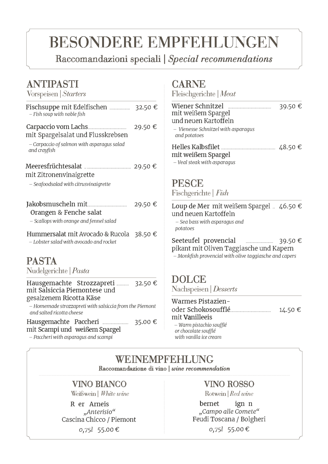 Speisekarte – AMOROSO an der Alten Oper